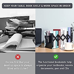 Adjustable Book Ends, Hmseng Metal Bookends Book Holders for Shelves, Desk Magazine File Organizer Holder for Office, Books, Papers, Extends up to 19 inches.Scratch-Resistant Hand Coating-Black
