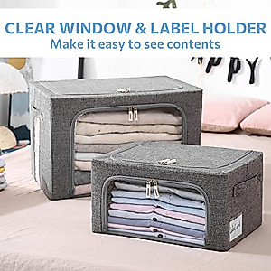 Clothes Storage Bins Box - Linen Fabric Foldable Stackable Container Organizer Set with Clear Window & Carry Handles & Metal Frame - 2Pack Large Capacity for Bedding, Blankets, Toys, Books