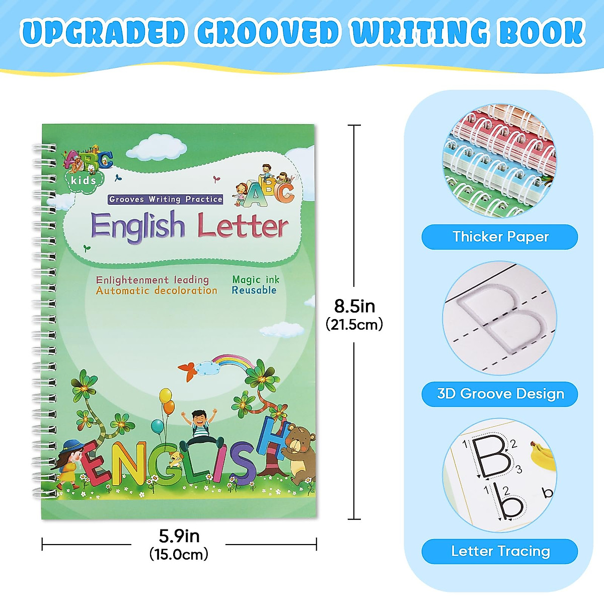 ASIGN Magic Ink Copybooks for Kids Reusable Handwriting Workbooks for Preschools Grooves Template Design and Handwriting Aid (ENLARGED-Version 4books+Pens)