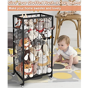 Ardier Stuffed Animal Storage Organizer with Wheels, Stuffed Animal Zoo Shelf with Elastic Rope for Nursery, Play Room, Bedroom, Kids Plush Toy Holder for Boys and Girls, Black.