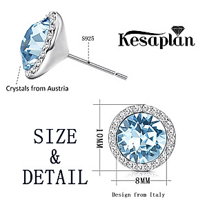 KesaPlan Sterling Silver Crystals Stud Earrings for Women, Made of Austria Crystals, Round-Cut Rhinestone Halo Bridal Earring Hypoallergenic Blue
