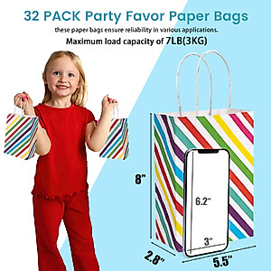 VGOODALL 32PCS Party Favor Bags, 5.5x2.8x8 inches Colorful Stripe Gift Bags with Handles Goodie Bags Treat Candy Bags Striped Paper Bags for Gift Giving Birthday, Colorful Stripe Bags