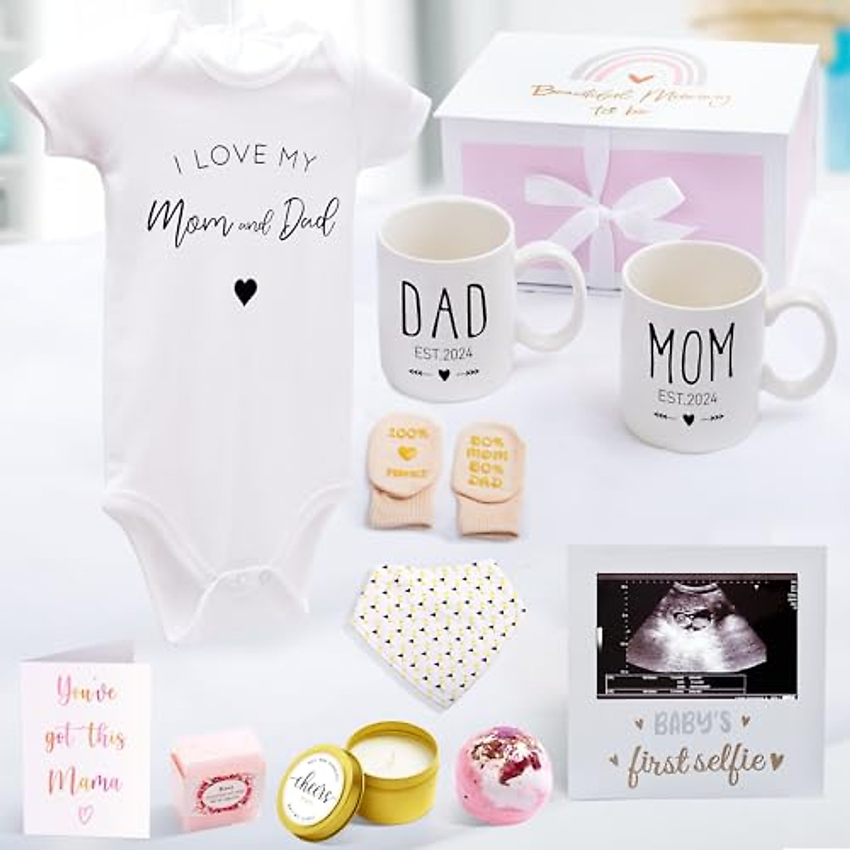 ShinnyWis 2024 New Mom Gifts for Women- Announcements Pregnancy Gifts for First Time Moms, Gender Reveal Gifts for New Parents Mom and Dad Mugs-11oz Coffee Mug Set