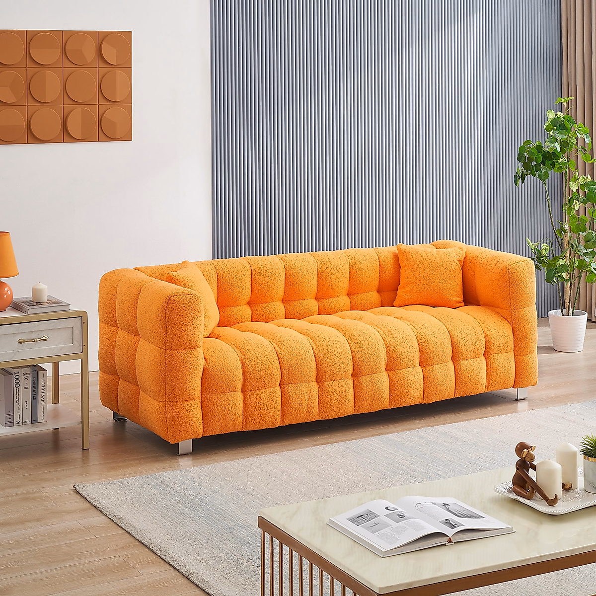 Dolonm Modern Sofa Couch with Metal Legs Upholstered Tufted 3 Seater Couch with 2 Pillows Decor Furniture for Living Room, Bedroom, Office, 80 Inch Wide(Orange-Teddy)