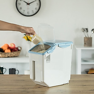 Basicwise Set of 2 White Plastic Storage Food Holder Containers, with a Measuring Cup and Wheels,Large (QI004138L.2)