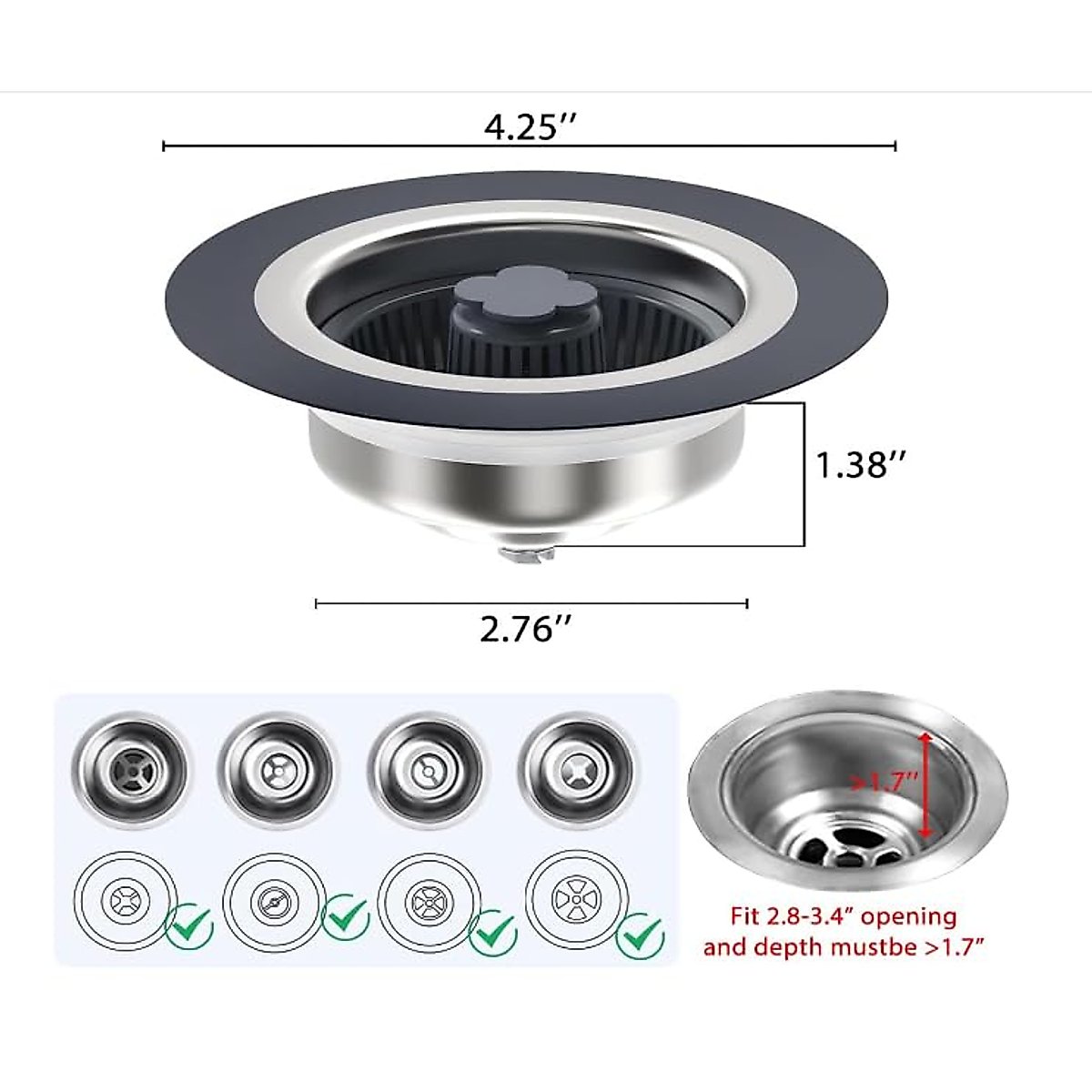 3-in-1 Upgarded Kitchen Sink Drain Stopper &Stainer Combo - Pop-Up Anti-Clog Basket for Fast Drainage , Includes 3 Reuseable Filters