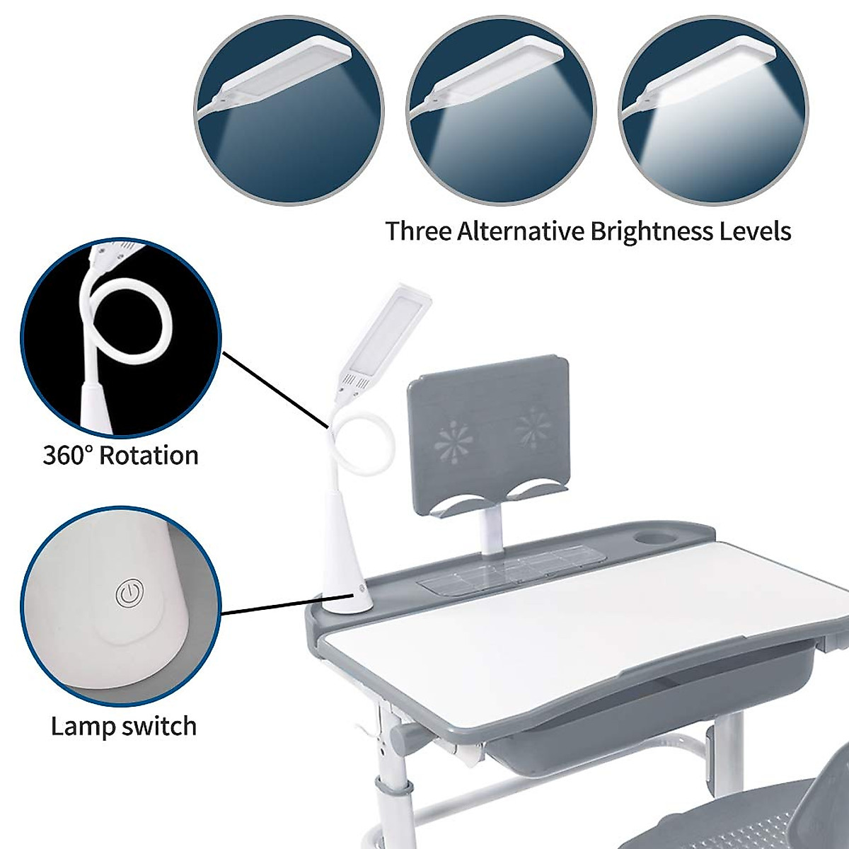 LVYUAN Kids Desk and Chair Set, Height Adjustable Kids Study Desk for Bedroom, Desk for Kids with Tiltable Desktop, 3 Modes Light, Go Back School Desk, Grey