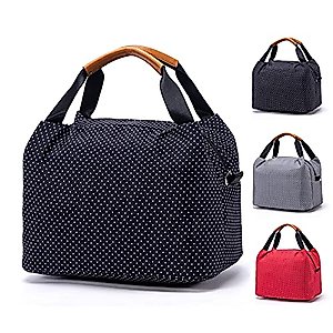 CALIYO Lunch Bag for Women, Insulated Kids Lunch Container with Leather Holder, Foldable Cute Small Cooler Polka Dot Lunch Tote Bag for Office School Picnic Camping Travel, 9L,Black