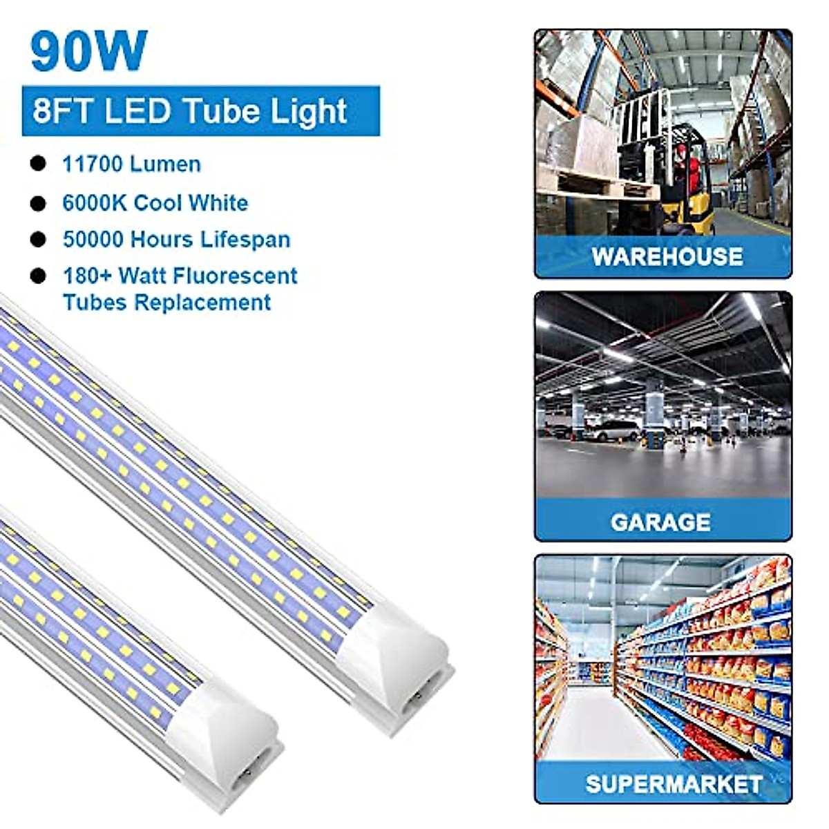 SHOPLED 8FT LED Shop Light Fixture, 90W 11700LM 6000K Cool White, D Shape, High Output, Clear Cover, T8 Linkable 8 Foot LED Tube Light for Garage with Plug, Warehouse, Workshop, 4 Pack