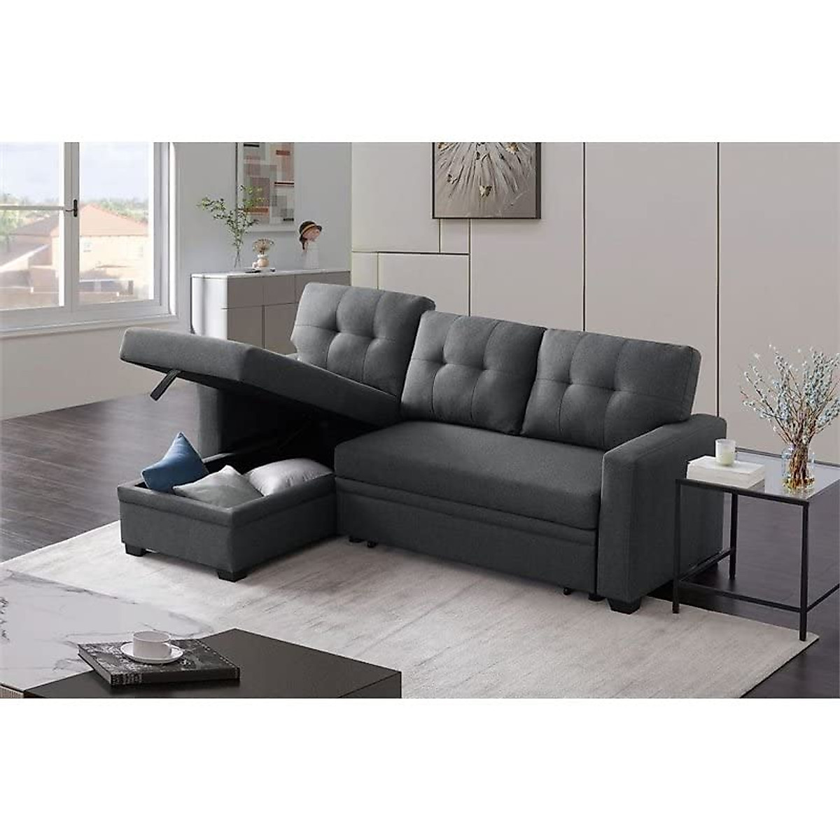 Devion Furniture Contemporary Reversible Sectional Sleeper Sectional Sofa with Storage Chaise in Dark Gray Fabric