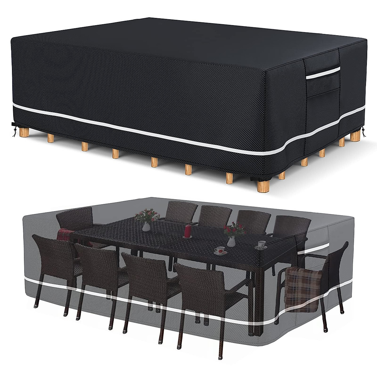 Outdoor Furniture Covers Waterproof, 600D Heavy Duty Patio Furniture Set Cover Outdoor Table and Chair Covers, 110"x84"x28" Rectangular Patio Covers for Outdoor Furniture, Black with White Border