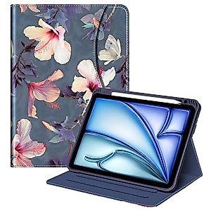 Fintie Folio Case for iPad Air 11-inch M2 (2024), iPad Air 5th / 4th Generation (2022/2020) 10.9 Inch, Multi-Angle Viewing Soft TPU Cover with Pocket & Pencil Holder, Blooming Hibiscus
