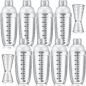 10 Pcs Plastic Cocktail Shaker Set, Including 8 Pcs 24 oz Clear Drink Shaker Drink Mixer Boba Tea Shaker 2 Pcs Cocktail Jigger Plastic Double Measuring Jigger for Bar Coffee