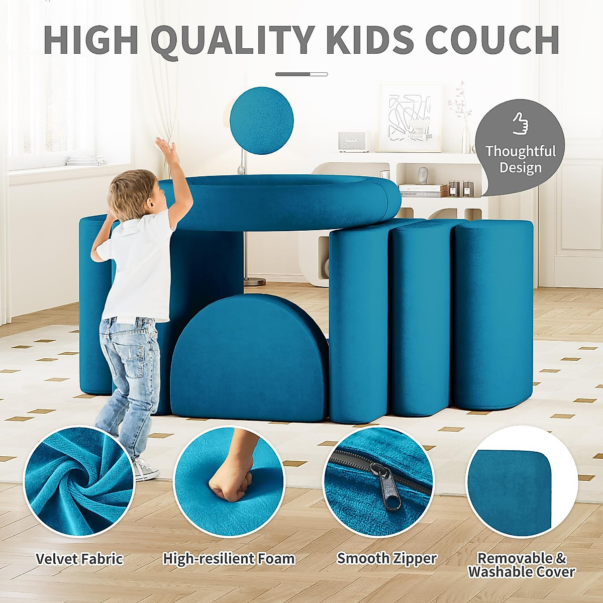 wanan Modular Kids Play Couch, 12PCS Kids Couch with Balls and Tunnel, Kids Couch for Playroom and Bedroom, Kids Modular Couch for Playing, Creativing, Modular Couch Kids (Blue)
