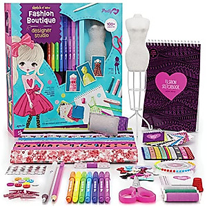 Fashion Design Studio - Sewing Kit for Kids - Girls Arts & Crafts Kits Age 6, 7, 8, 9, 10-12 - Learn to Sketch & Sew with Real Designer Sketchbook - Kid Art Project Gift - Girl Craft Activities Gifts