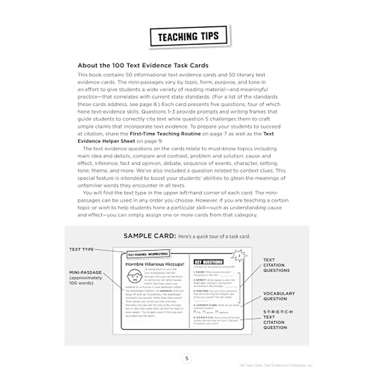 100 Task Cards: Text Evidence: Reproducible Mini-Passages With Key Questions to Boost Reading Comprehension Skills