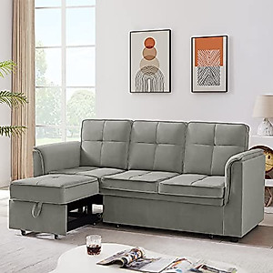 AVZEAR 3 Seater Couch Sofa, Sectional Sofa Couch with Pull Out Bed Velvet Fabric Sectional L Shaped Sleeper Sofa Bed Large Sofa Solid Wood & Fabric Upholstered L-Shaped for Living Room (Grey)