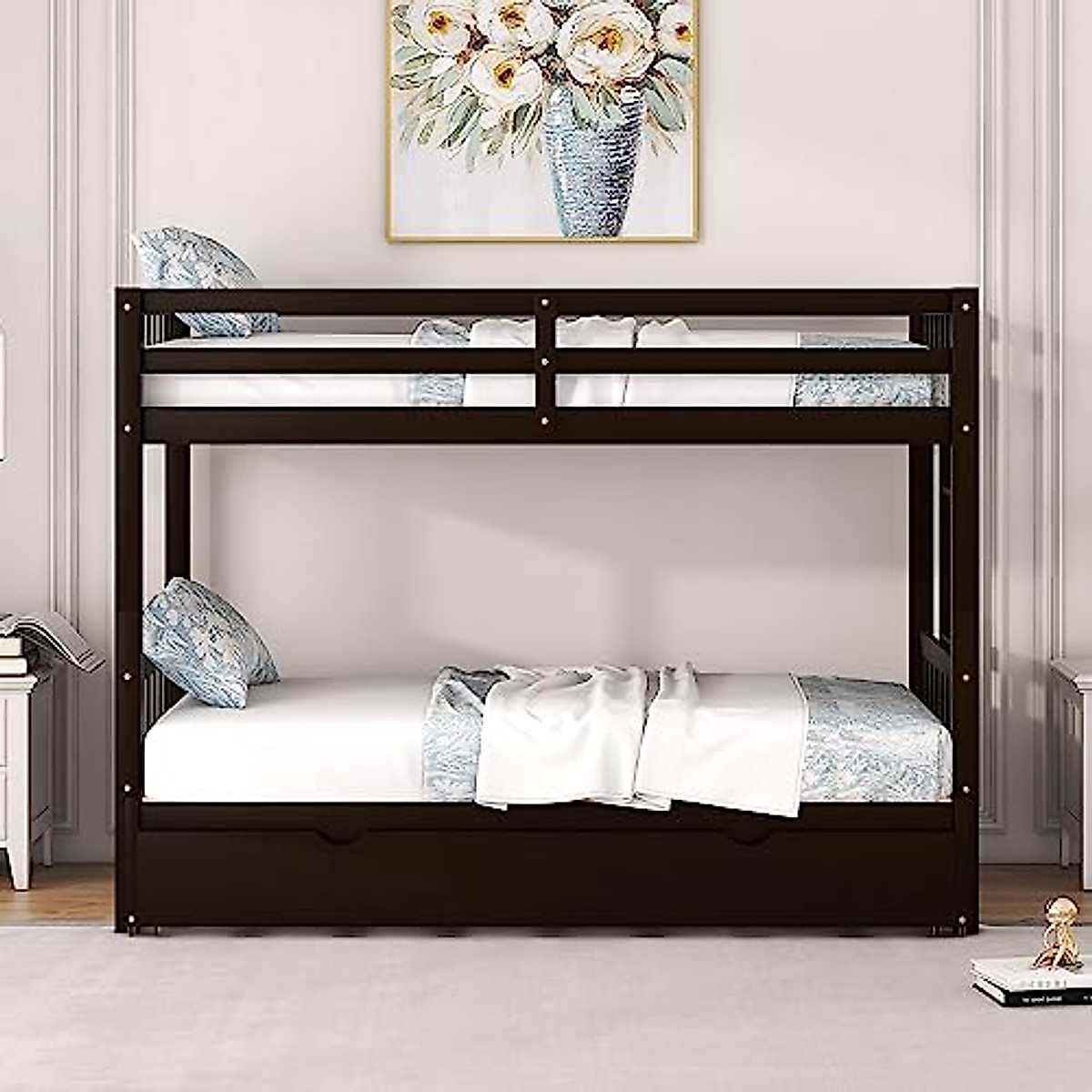 Extendable Bunk Bed with Trundle, Twin Over Double Twin Bunk Bed Frame, Upgraded Version Wooden Bunk Bed with Trundle, Pull-Out Bunk Bed Frame Can Be Extendable, No Spring Box Needed, Espresso