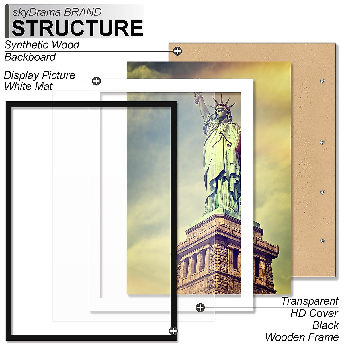 skyDrama 20x24 Picture Frame Black Solid Wood Material Set of 3, Display 16x20 Photo without Mat or 20x24 Poster with Mat, Light Weight High Transparent 20by24 Frame for Wall - 20"x24"/Black/3Pack