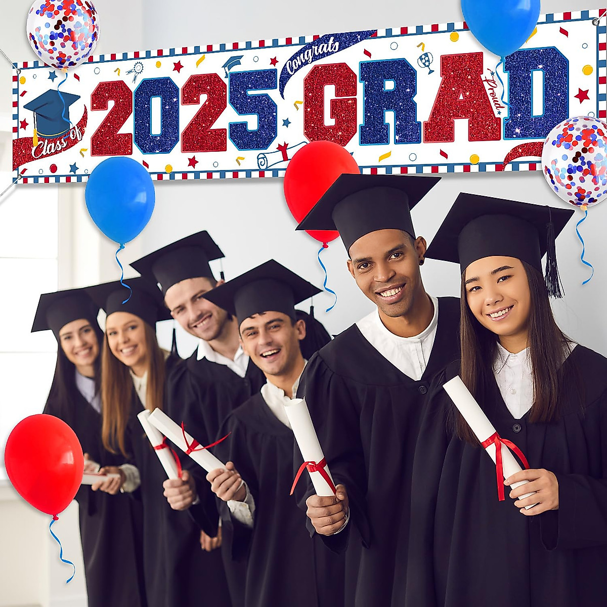 2023 Graduation Decoration Set Large Red and Blue Class of 2023 Congrats Grad Banner with 18 PCS Graduation Balloons for High School College Graduation Party Supplies
