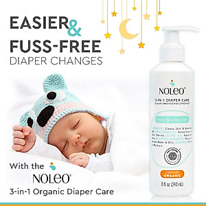 Noleo Organic Cotton Pads with 3-in-1 Diaper Care - 150ct Large & Pressed Cotton Squares 3.54x3.54in Pads - 8oz All in One Baby Cleanser, Baby Lotion & Diaper Rash Cream