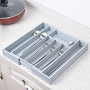 WuGeShop Bamboo Kitchen Drawer Organizer Expandable, Large Flatware Utensil Organizer, Adjustable Silverware Cutlery Tray for Knives, Spoons, Forks (7 Slots, Gray)