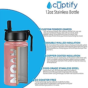 Personalized Kids Water Bottle with Straw Lid on Baby Blue Glitter for School Engraved Custom Children Name 12 oz Modern Insulated Stainless Steel Steel