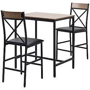 HOMCOM 3 Piece Bar Table and Chairs Set, Dining Table Set with PU Padded Stools and Steel Frame for Kitchen, Small Spaces, Brown