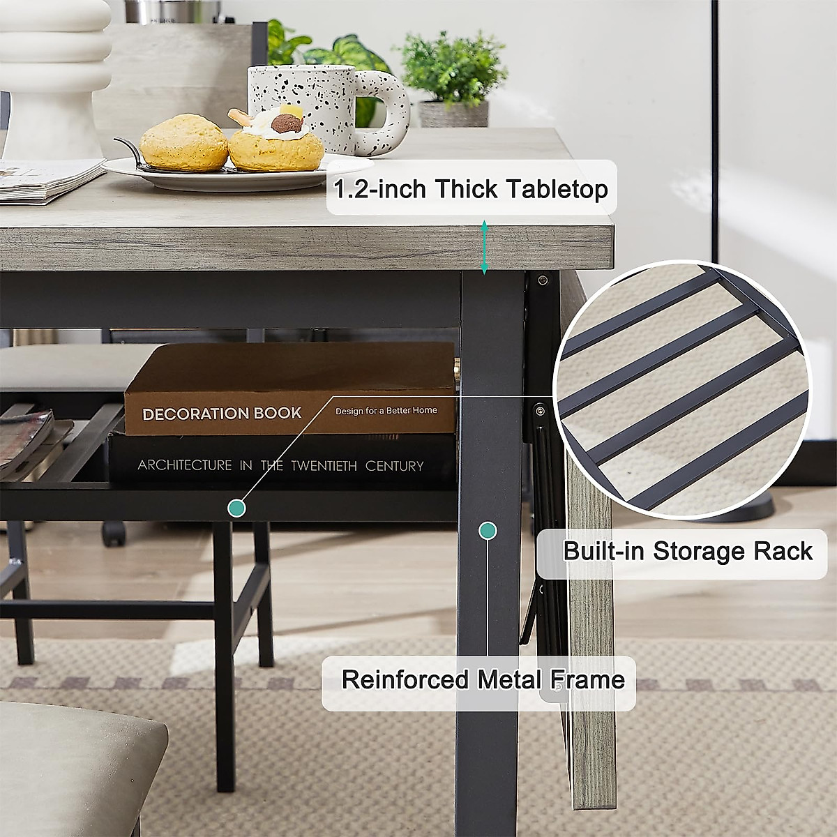 Suheww Folding Dining Table, Drop Leaf Tables with Metal Storage Racks, 63.2” Industrial Extendable Compact Kitchen Table for Apartment, Small Spaces, Seats 2-6 People, Grey