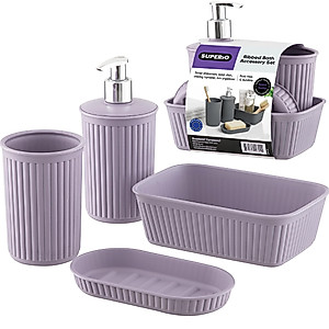 Superio Ribbed Collection - Decorative Plastic Bathroom Accessories Set, Lilac Purple (Set of 4) Soap Dish, Liquid Dispenser, Toothbrush Holder Cup, Vanity Organizer Tray - Bathroom Decor Gift