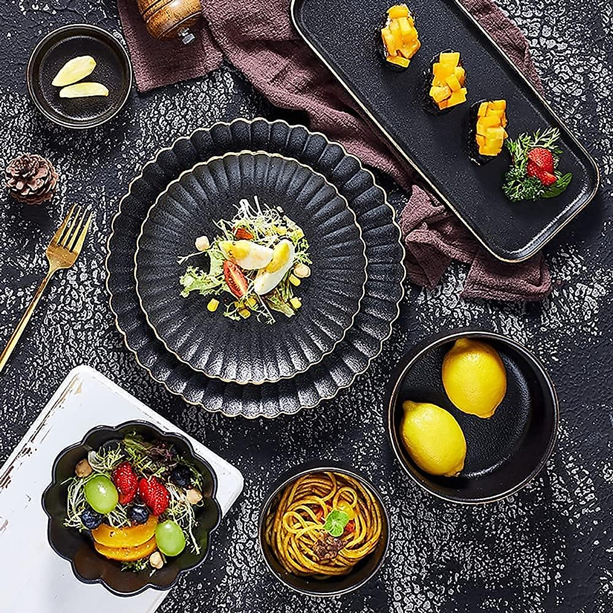 GagalU Porcelain Plate and Bowl Set,Kitchen Tableware Set,Ceramic Dinnerware Set, 15 Pcs Matte Black Retro Plates and Bowls Set- Irregular Edge Dinner Sets, Service for 4