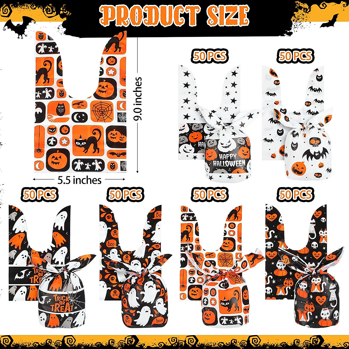 Watersay 300 Pcs Halloween Christmas Treat Bags, 6 Style Small Christmas Halloween Bags Candy Bags Cute Rabbit Ear Halloween Christmas Goodie Cookie Bags for Party Gift(Orange,Pumpkin)