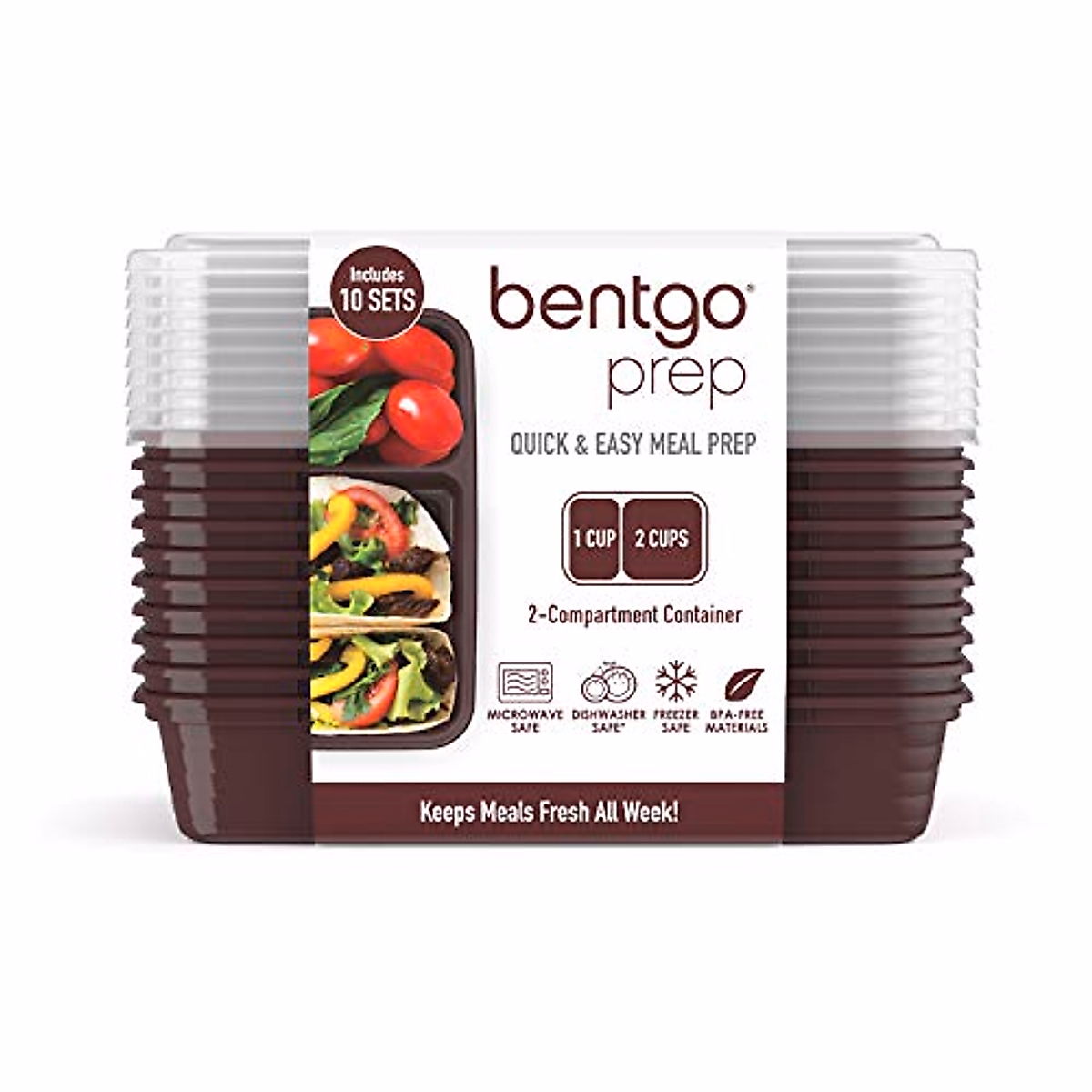 Bentgo Prep 2-Compartment Meal-Prep Containers with Custom-Fit Lids - Microwaveable, Durable, Reusable, BPA-Free, Freezer and Dishwasher Safe Food Storage Containers - 10 Trays & 10 Lids (Burgundy)