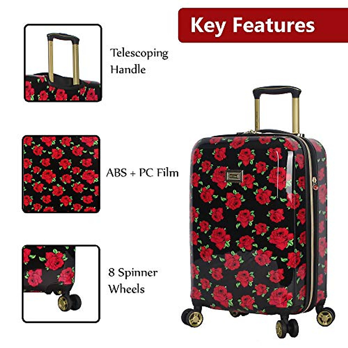 Betsey Johnson Designer 20 Inch Carry On - Expandable (ABS + PC) Hardside Luggage - Lightweight Durable Suitcase With 8-Rolling Spinner Wheels for Women (Covered Roses)