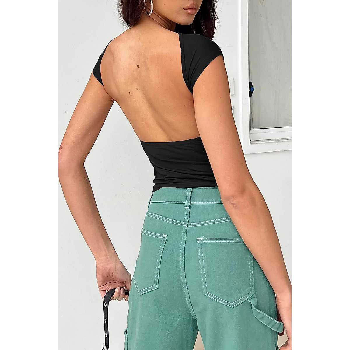 EFAN Women's Backless Tops Seamless Tee Summer 2024 Trendy Going Out Short Sleeve Crop Tops Open Back Y2k Shirts Cute Spring Tops Casual Fashion Clothing Teen Girls Black