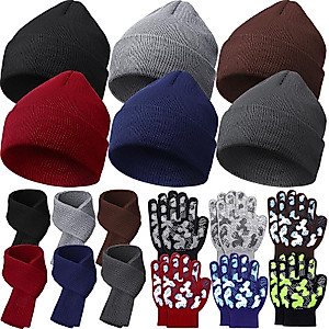 Suhine 18 Pcs Kids Beanies Scarves Gloves Set - Knitted Scarves, Wrap Winter Beanie Hat for Boys Girls 5-10