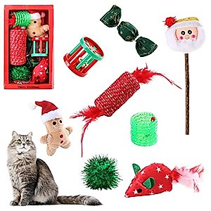 VavoPaw Christmas Stocking Cat Toys, 8PCS X-mas Santa Interactive Cat Toys with Santa Claus, Gingerbread Man, Cat Teaser Wand, Plush Rat Ball for Cat Kitten Kitty