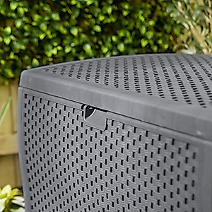 Suncast 73 Gallon Medium Resin Wicker Indoor/Outdoor Storage Box for Garden Tools, Pool Accessories, and Patio Cushions, Cyberspace