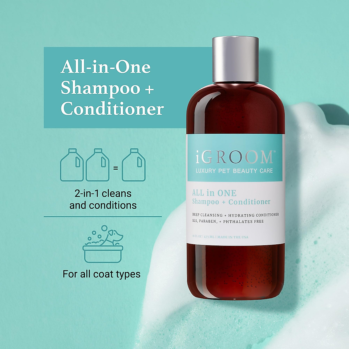 iGroom All-in-One Dog Shampoo + Conditioner, Luxury Pet Beauty Care, Deep Clean All Coat Types, Hydrate and Condition Coat, Made in The USA, 16 oz