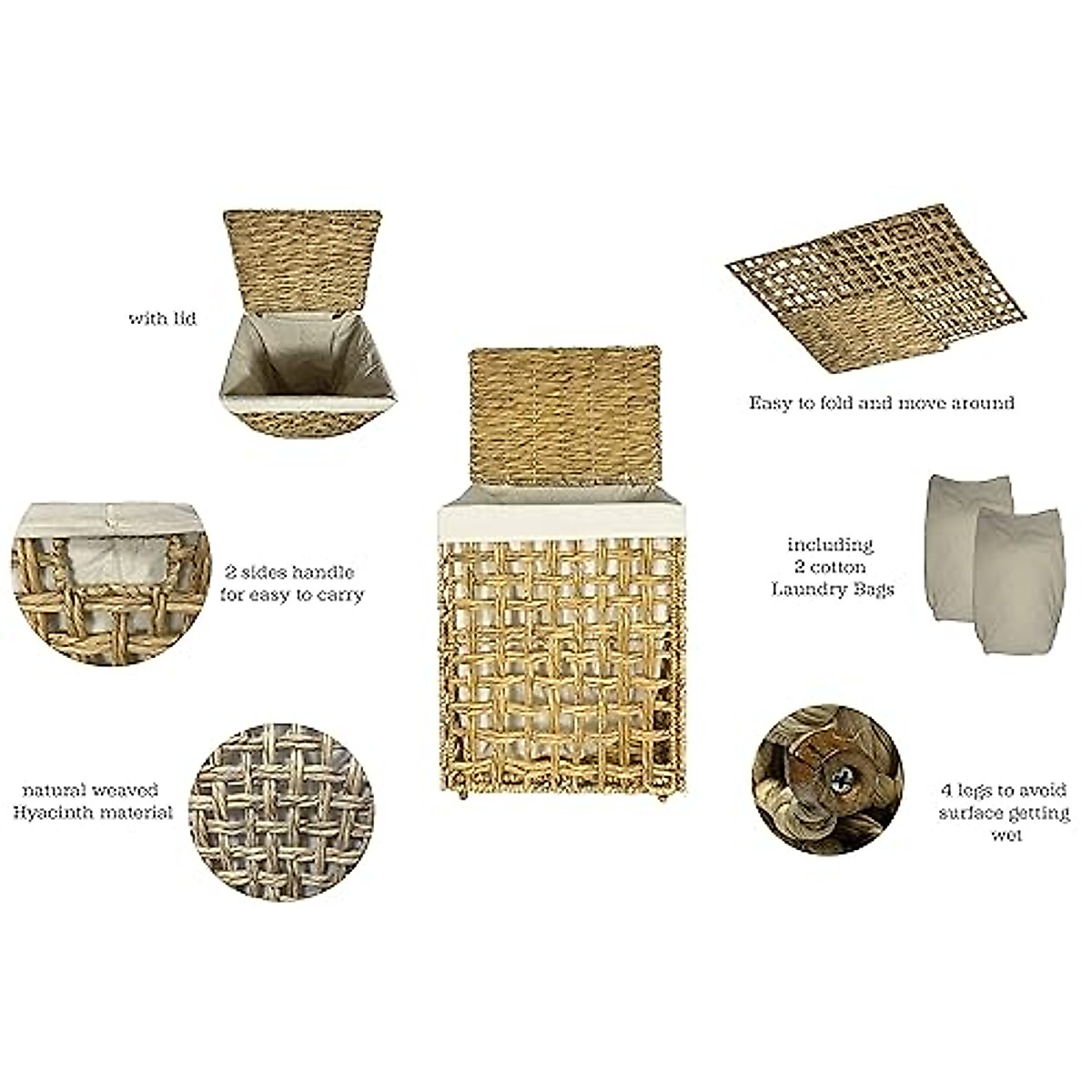 Natural Rectangular Foldable Storage Basket, Laundry hamper with 2 cotton Fitted Bags, 4 Legs, 2 Side Handles, Attached Lid, Made in Vietnam, 23 inch x 13.5 inch x 18 inch