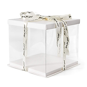 HOYA PONYOO Clear Cake Box, 2-Pack Cake Carrier Container 10" X 10" X 9" with Ribbon Transparent Boxes with Lid Gift Package for Birthday Wedding Party, White