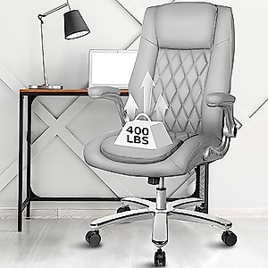 Modoway O205 Executive Office Chair Grey, Big and Tall Office Chair Heavy Duty 400lbs, High Back Leather Office Chairs with Flip-Up Arms and Lumbar Support, Living Room, Gaming