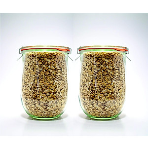 Weck Jars - 33.8 fl. oz Weck Tulip Jars 1 Liter - Sour Dough Starter Jars - Large Glass Jars for Sourdough Suitable for Canning and Storage - (2 Jars, Glass Lids & Wooden Lids)