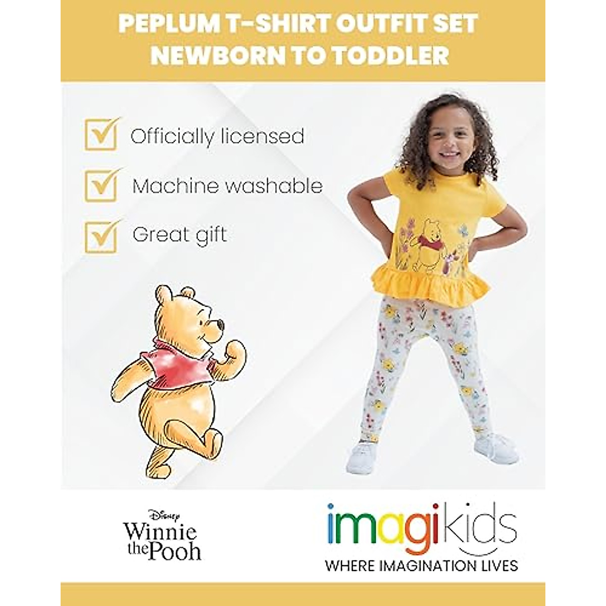 Disney Piglet Winnie the Pooh Infant Baby Girls T-Shirt and Leggings Outfit Set Floral Yellow/Pink 18 Months