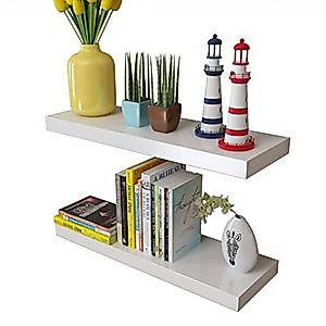Festnight Set of 2 Floating Wall Display Shelves MDF Collectables DVD Storage Wall Mounted Shelf Bookshelf for Living Room Home Office Decor Furniture White (24" x 8" x 1.5")