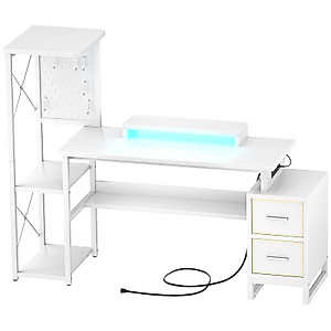 Computer Desk with 2 Fabric Drawers - Reversible Home Office Desk with Power Outlet & LED Lights, 53" Writing Desk with Monitor Stand & Storage Shelves, Gaming Desk Study Table with Pegboard, White