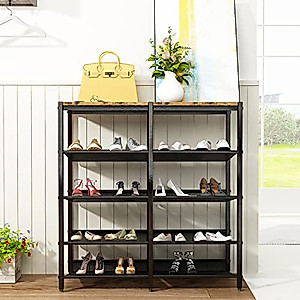 Lamerge Shoe Rack Storage Organizer, 5-Tier Shoe Storage Shelf for 16 Pairs,Stackable Shoe Shelf with 4 Metal Mesh Shelves /wood tabletop,for Entryway, Hallway, Closet, Dorm Room,Rustic Brown