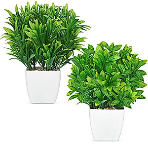 Artflower 2 Pack Artificial Eucalyptus Plants in Pots Mini Green Faux Potted Plants with Plastic White Vase Fake Aloe Grass for Home Indoor, Office, Desk, Table Bathroom Bedroom Decor