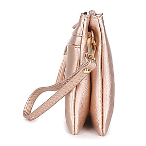 Women's Lightweight Multi Compartment Wristlet Clutch Wallet Crossbody Bag - (WU021-ROSE GOLD)
