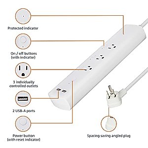 Amazon Basics Smart Plug Power Strip, Surge Protector with 3 Individually Controlled Outlets and 2 USB Ports, 2.4 GHz Wi-Fi, Works with Alexa
